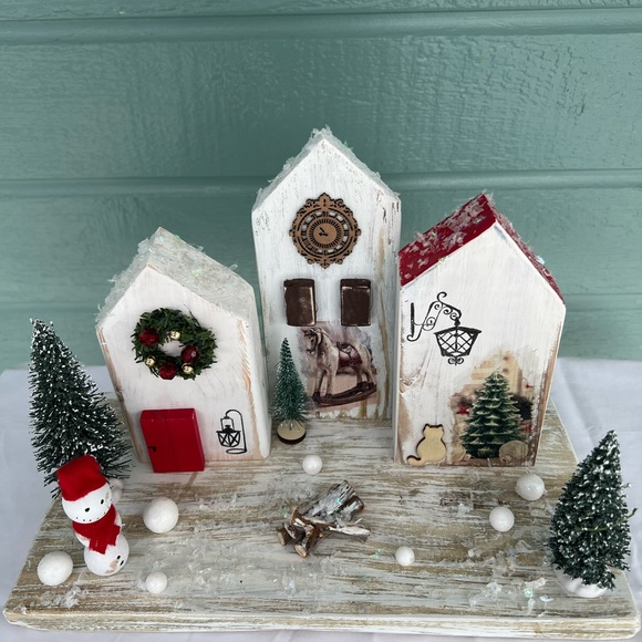 Handmade | Holiday | Wood House Christmas Village Painted Houses ...